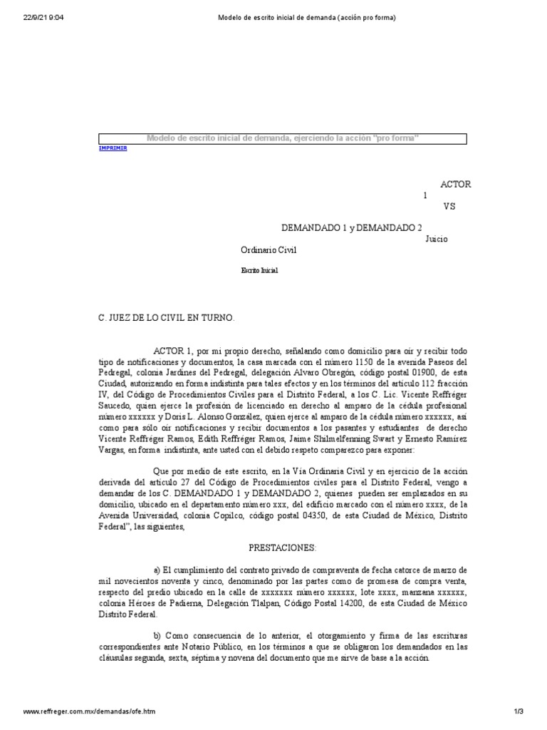Modelo de Escrito Inicial de Demanda (Acción Pro Forma) | PDF | Demanda ...