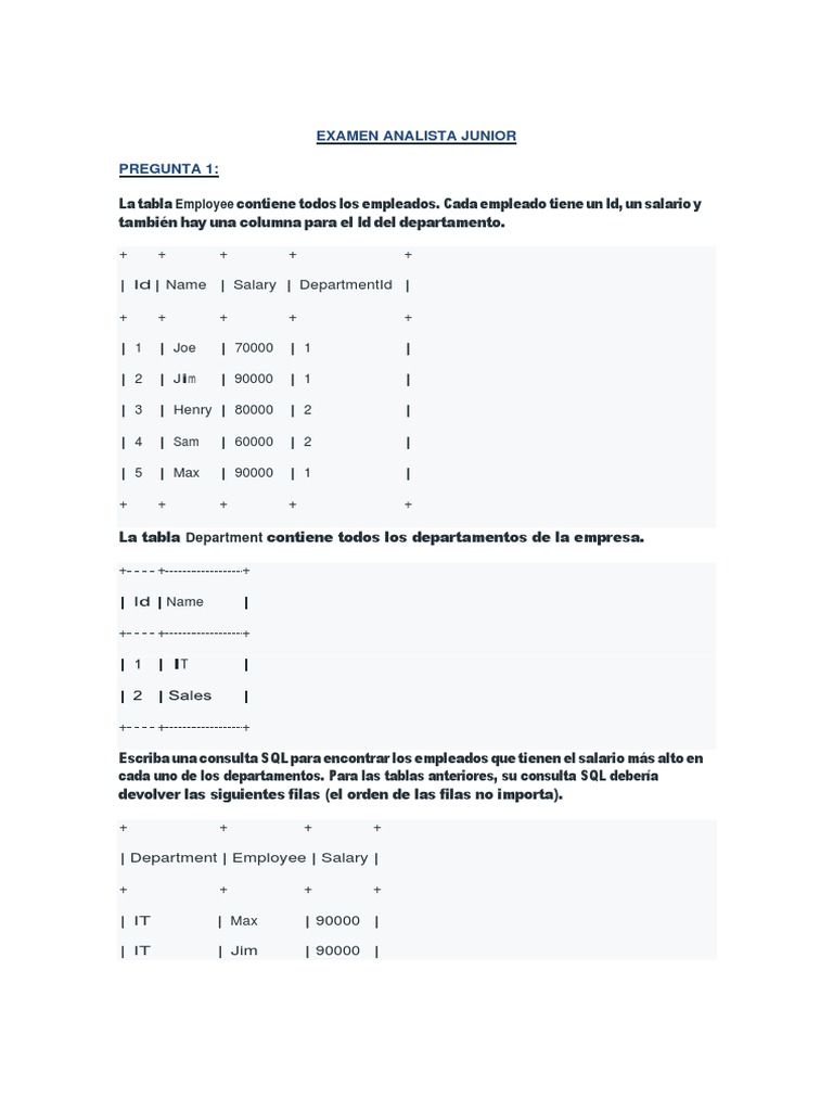 Examen - Analista Programador - Junior | Descargar gratis PDF | SQL ...