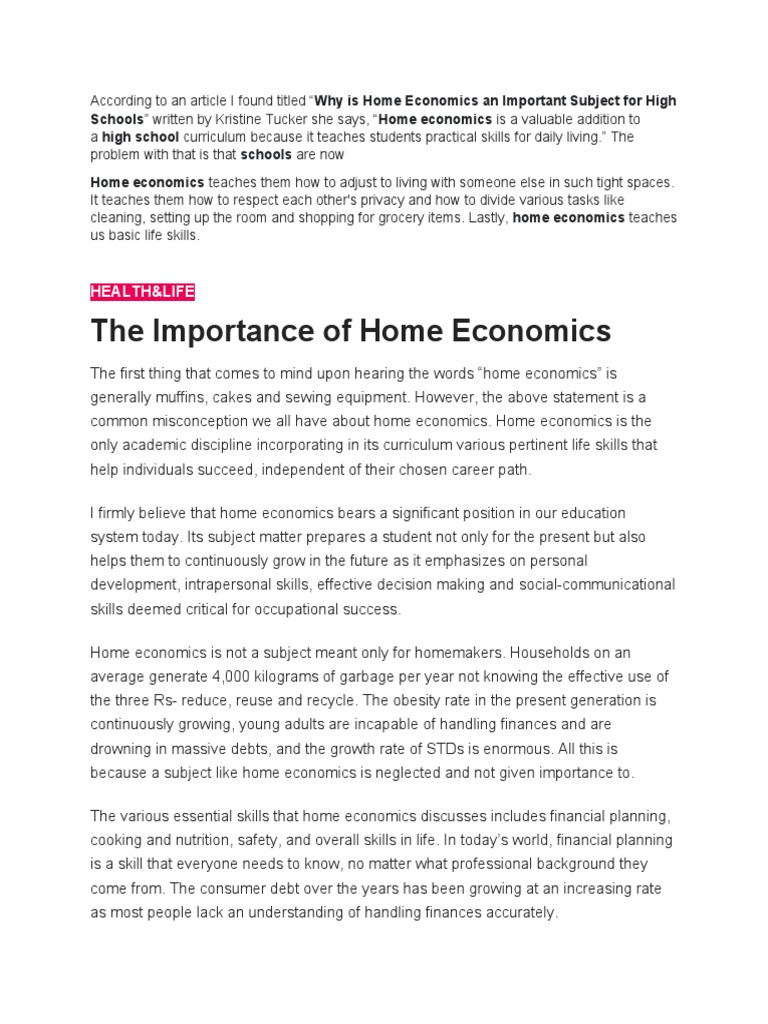 The Importance of Home Economics: Health&Life | PDF | Home Economics ...