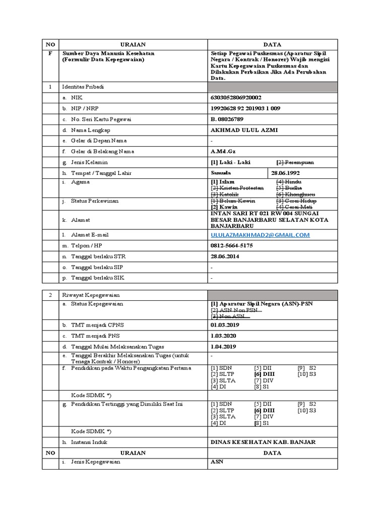 Data Isian Pegawai 2020 Azmi | PDF