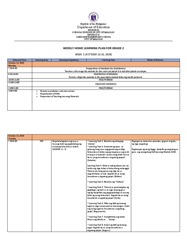 Grade 2 Sunflower Weekly Home Learning Plan Week 2 | PDF