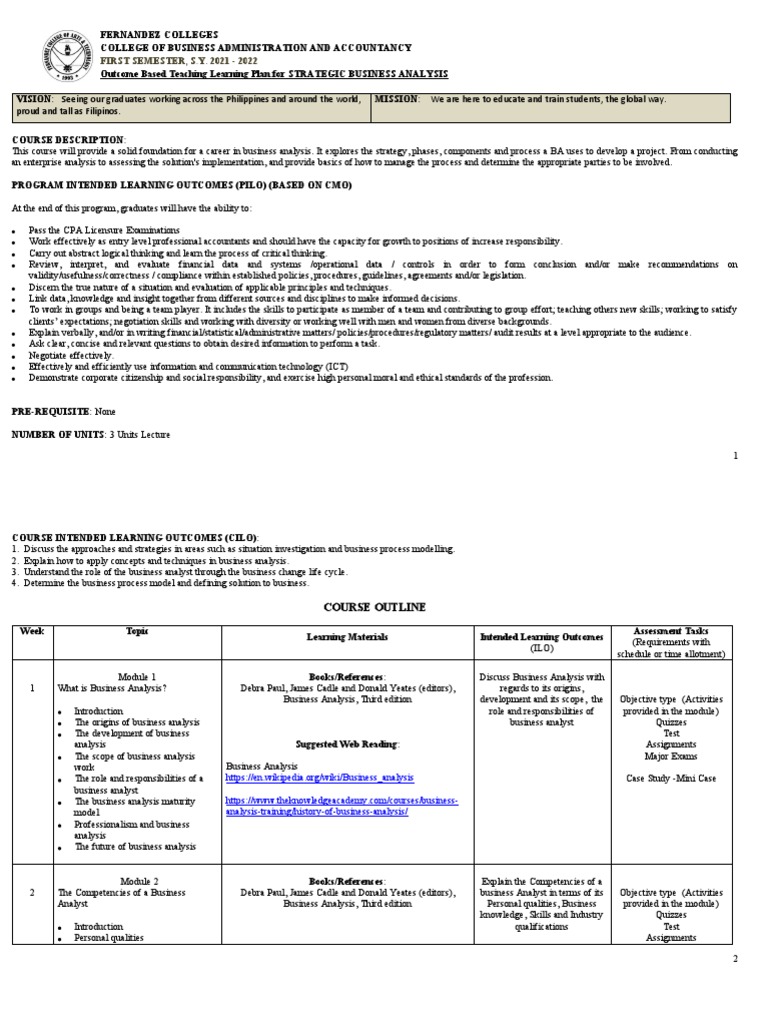 Strategic Business Analysis Course Plan | PDF | Business Analysis ...