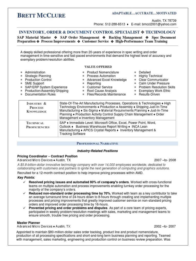 Order Management Specialist in Austin TX Resume Brett McClure | PDF ...