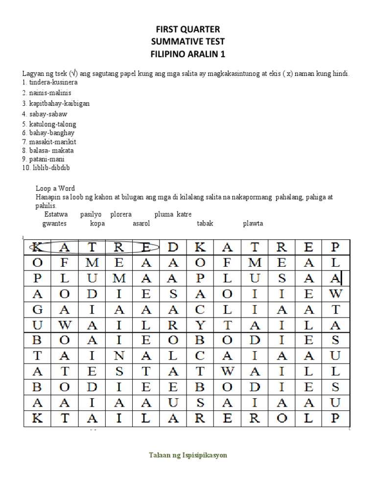 Filipino Summative Test 1st Quarter | PDF