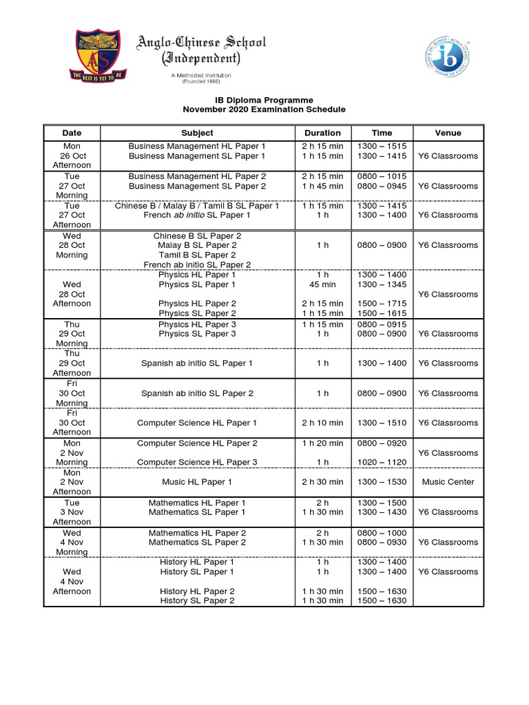 2020 IB Nov Exams Schedule | PDF | Schools | Vocational Education