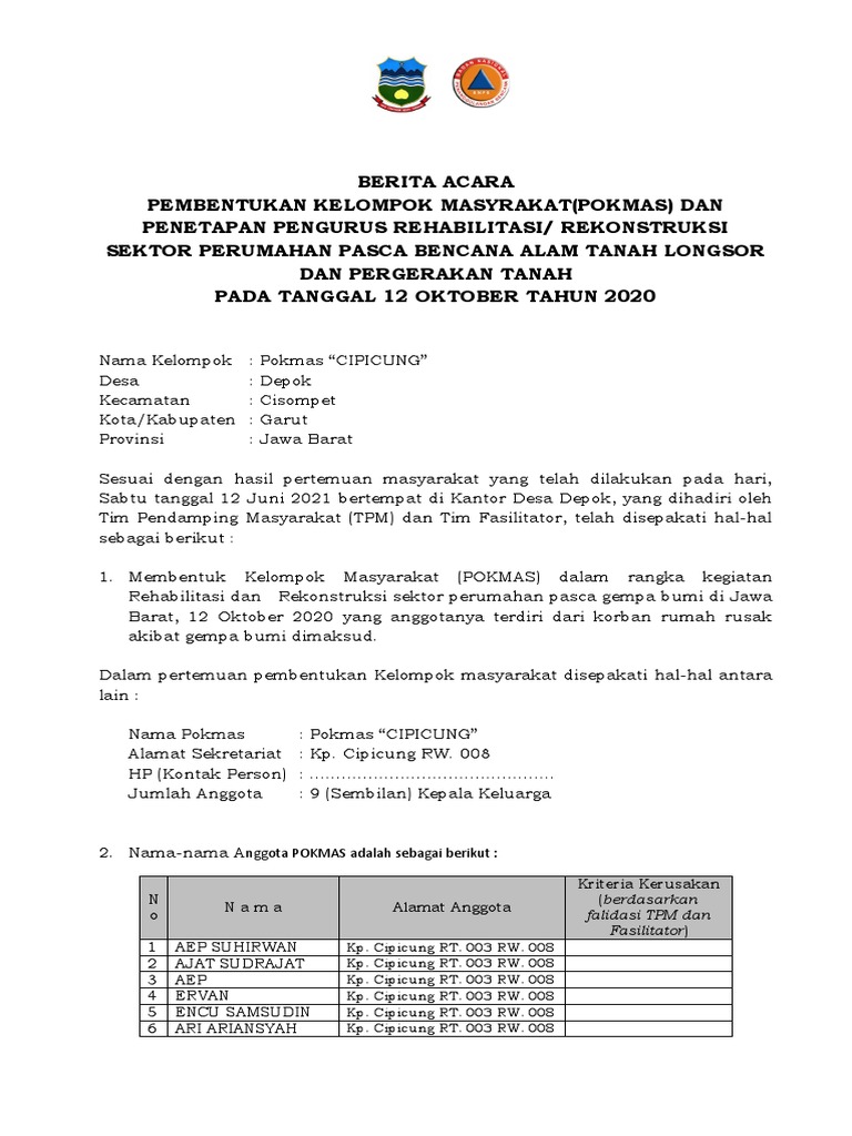Contoh Form PEMBENTUKAN POKMAS TANAH BERGERAK CIPICUNG 2021 | PDF