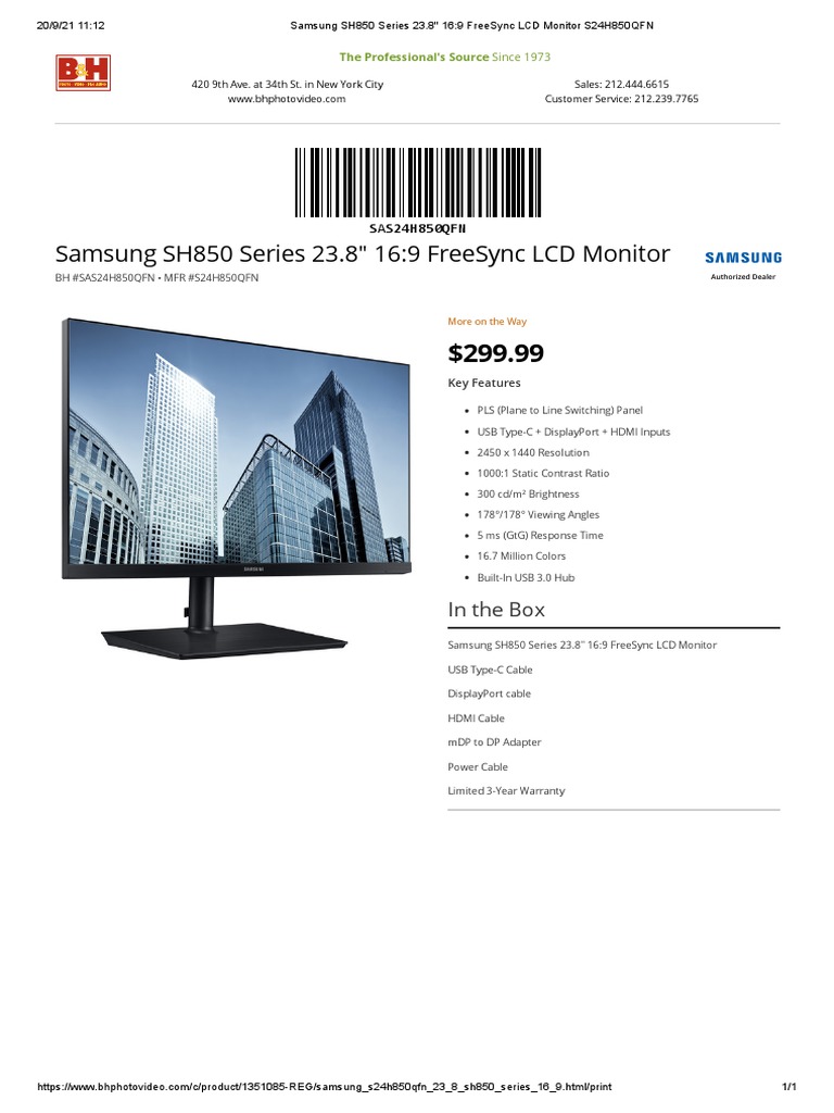 Samsung SH850 Series 23.8 - 16 - 9 FreeSync LCD Monitor S24H850QFN ...