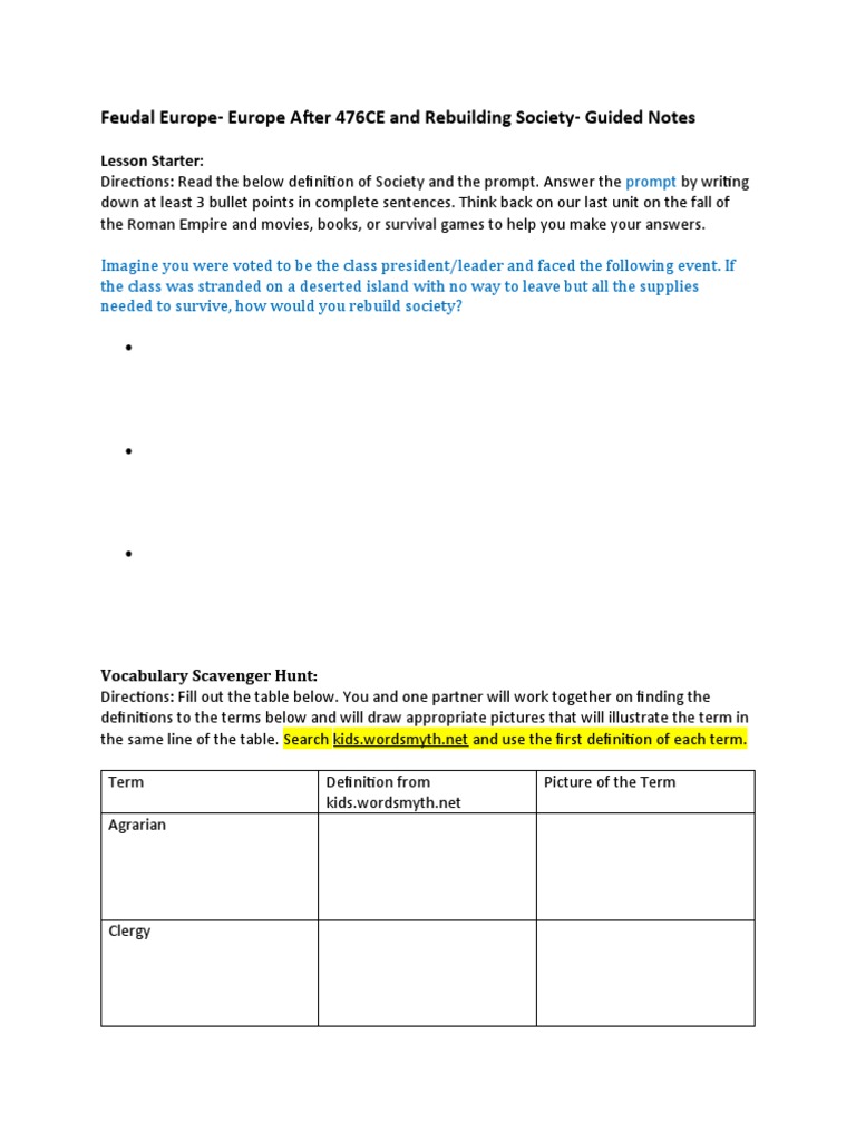 Feudal Europe Guided Notes | PDF | Feudalism | Middle Ages