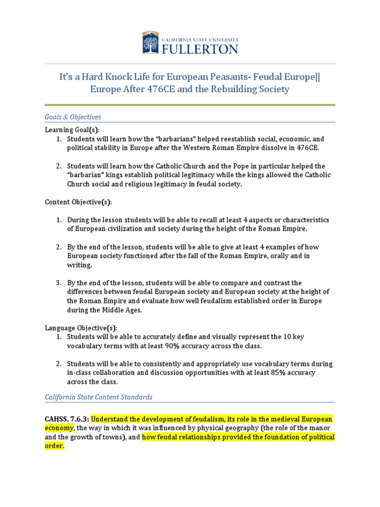 Social Studies Lesson Plan-Feudal Europe | PDF | Feudalism | Lecture