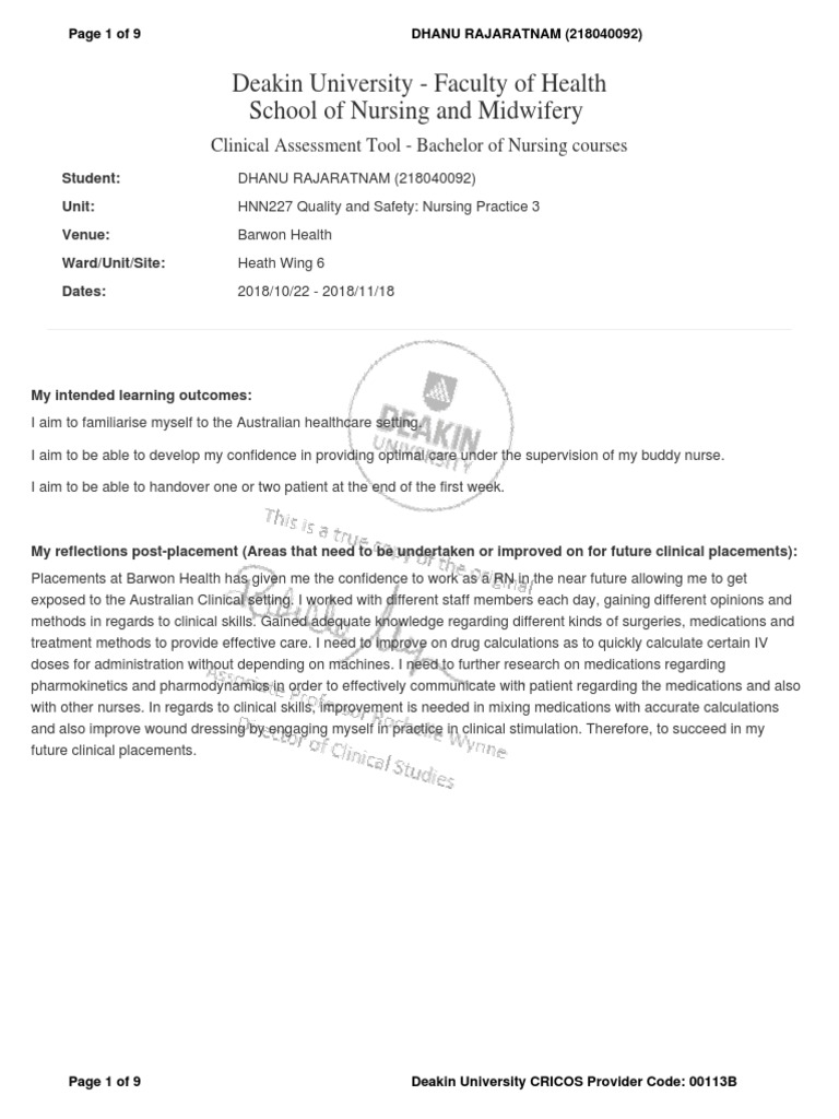 Clinical Placement Summary 2018 Barwon Health Geelong | PDF | Nursing ...