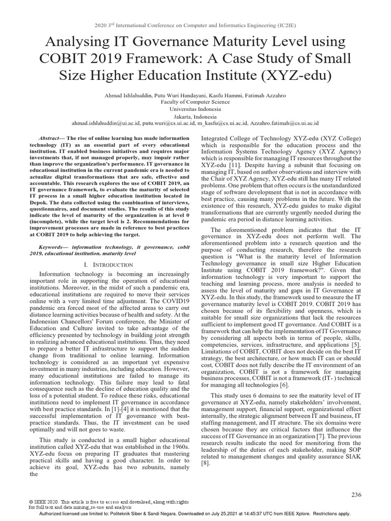 Analysing IT Governance Maturity Level Using COBIT 2019 Framework A ...