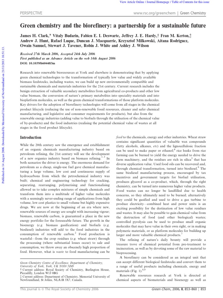 Green Chemistry and The Biorefinery | PDF | Biorefinery | Biofuel