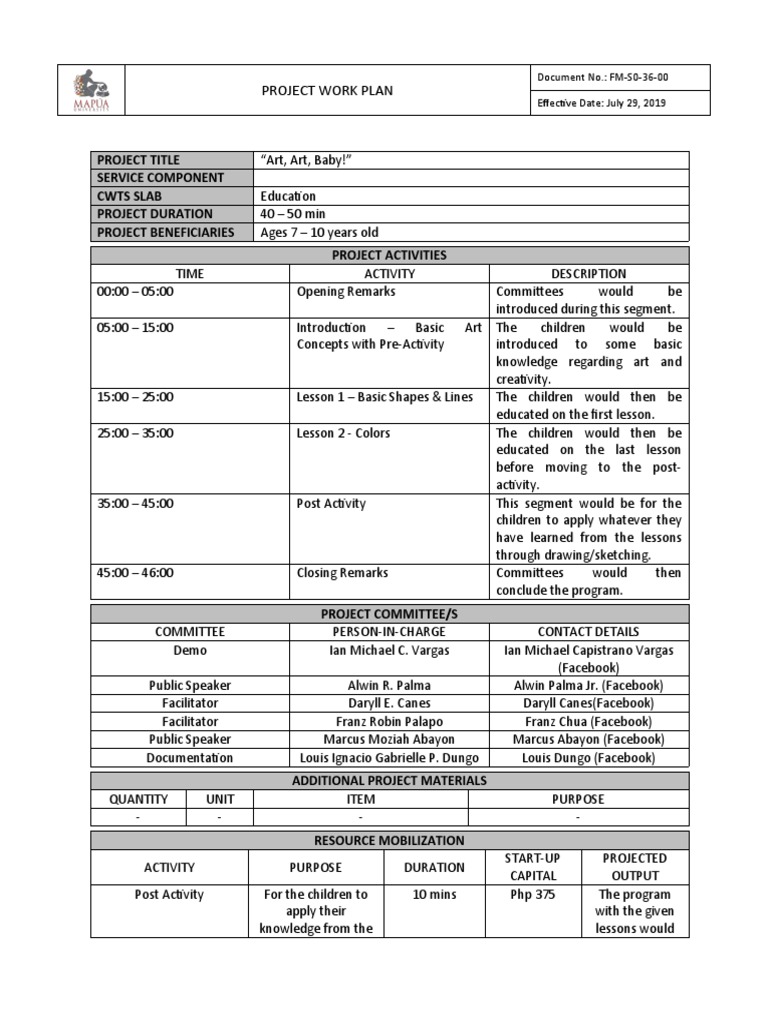 Project Work Plan: Project Title Service Component Cwts Slab Project Duration Project ...