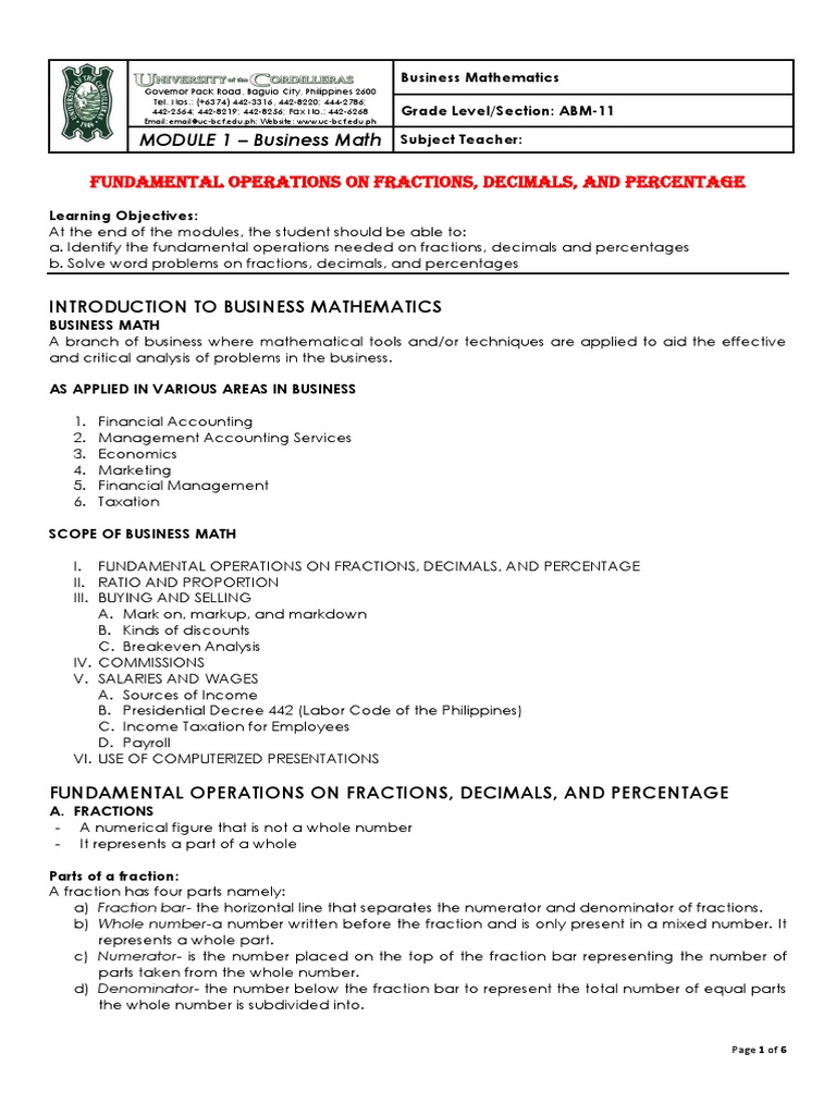 MODULE 1 - Business Math: Fundamental Operations On Fractions, Decimals ...