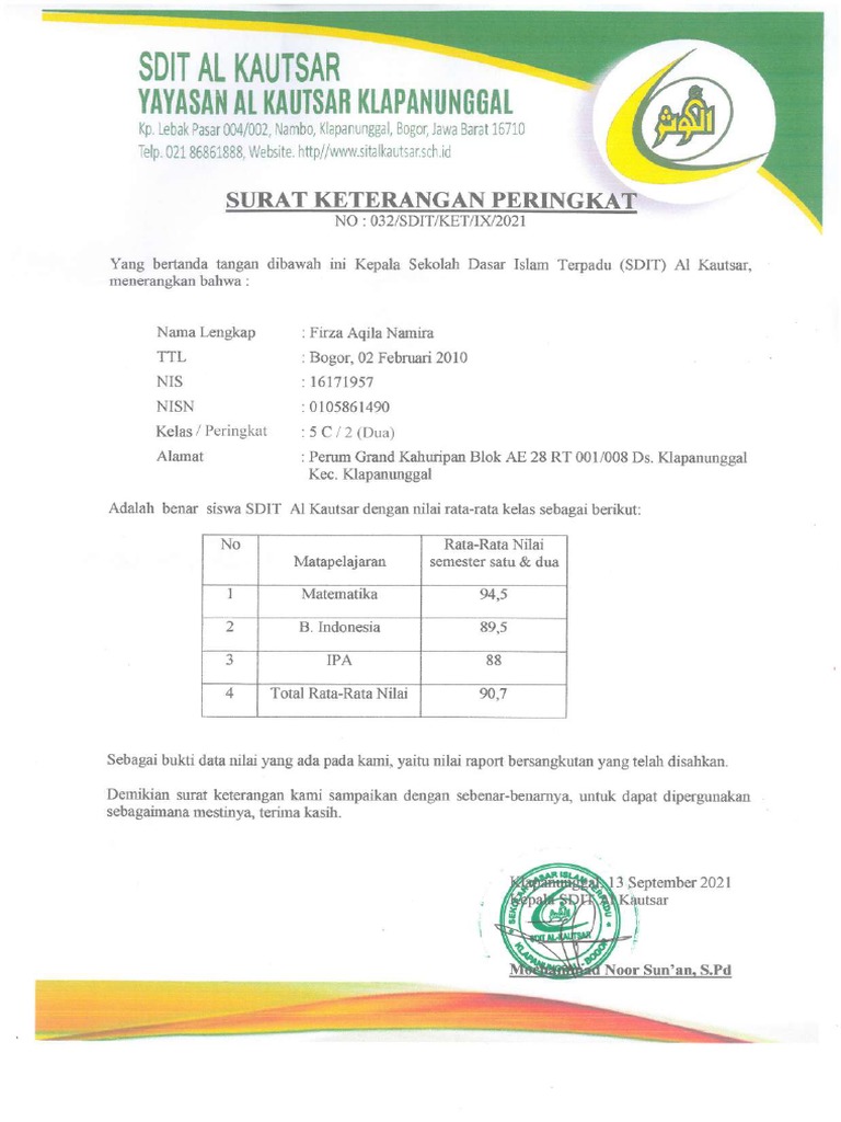 Surat Keterangan Ranking | PDF
