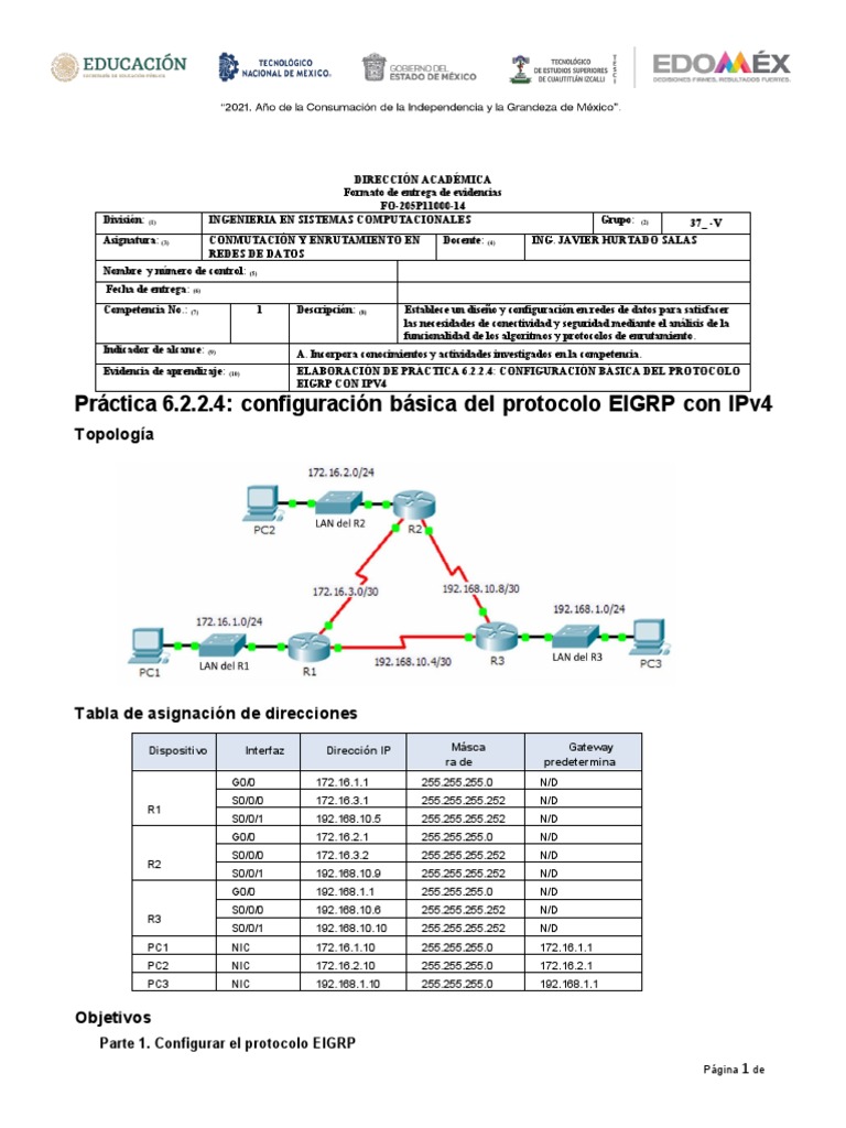 6.2.2.4 Packet Tracer - Configuring Basic EIGRP With IPv4 Instructions | Descargar gratis PDF ...