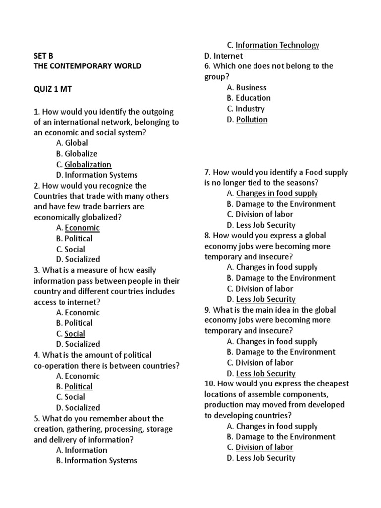 Set B The Contemporary World Quiz 1 MT | PDF | Socialism | Food Security