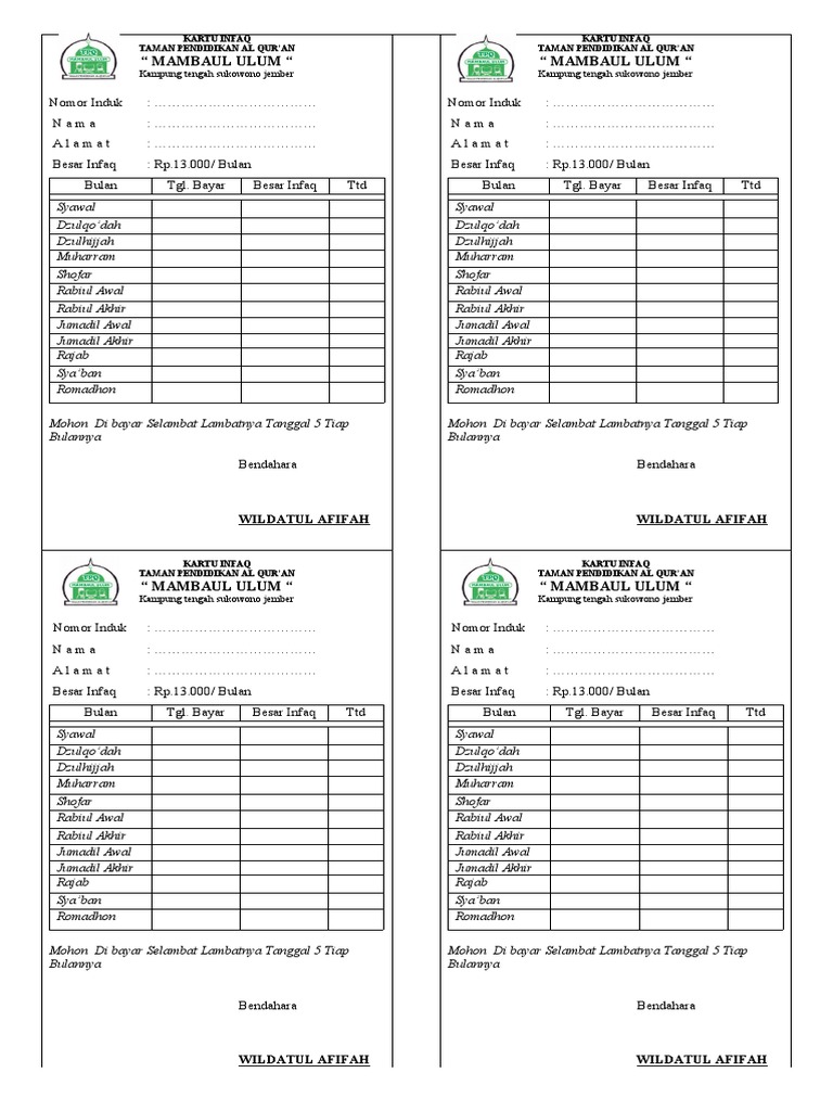 Kartu Infaq TPQ | PDF