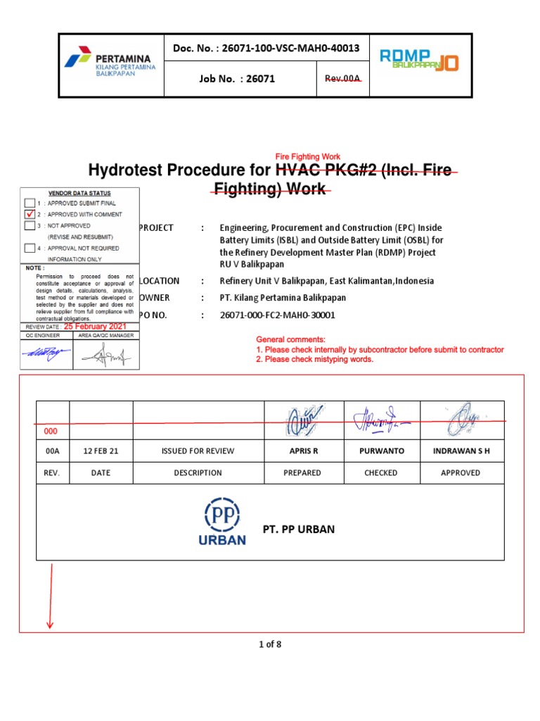 Hydrotest Procedure For HVAC PKG#2 (Incl. Fire Fighting) Work | PDF ...