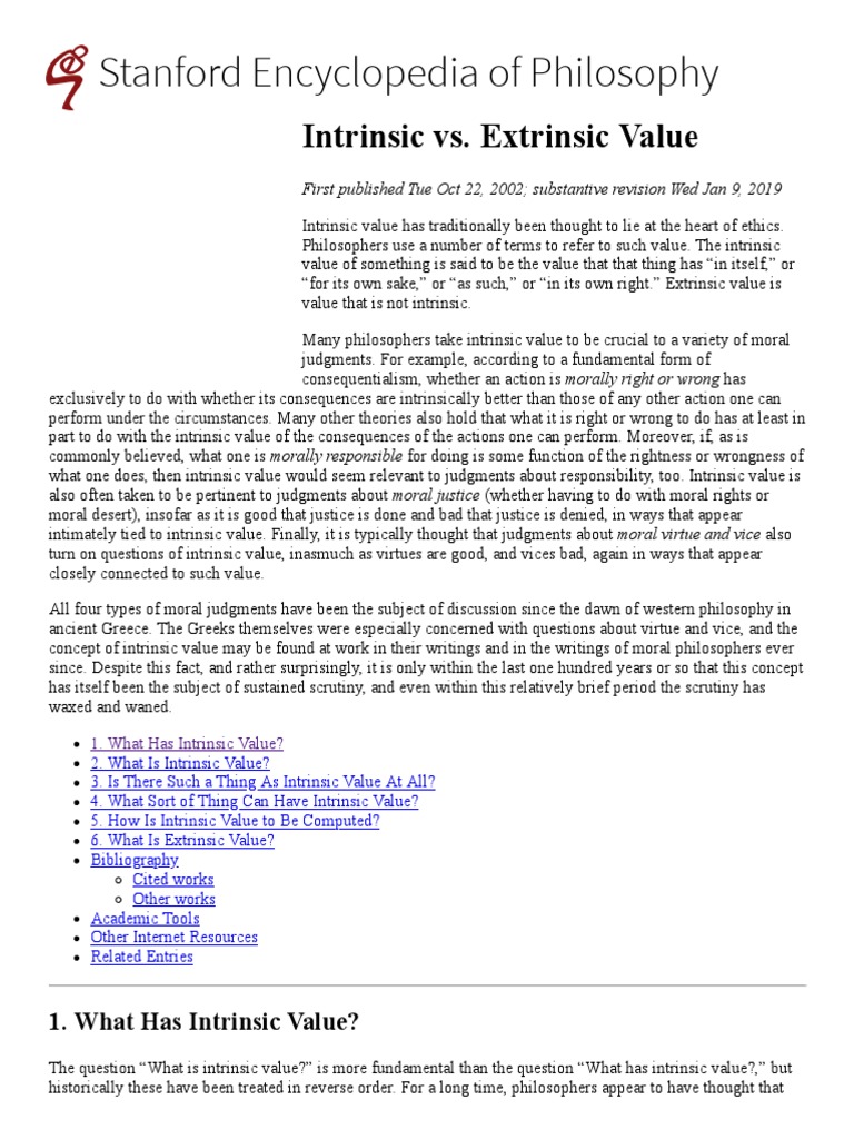 Intrinsic vs. Extrinsic Value (Stanford Encyclopedia of Philosophy ...