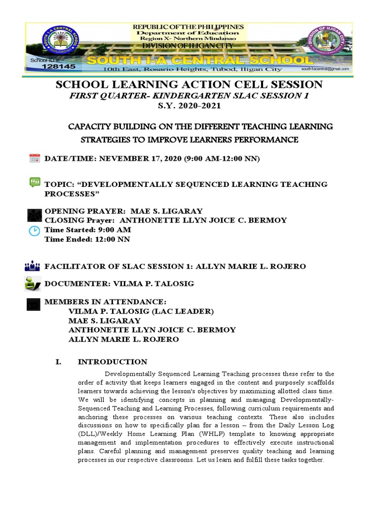 School Learning Action Cell Session: First Quarter-Kindergarten Slac ...