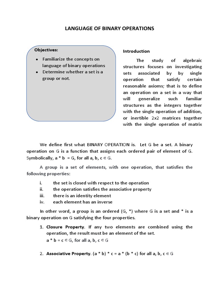 Language of Binary Operations | PDF | Group (Mathematics) | Integer