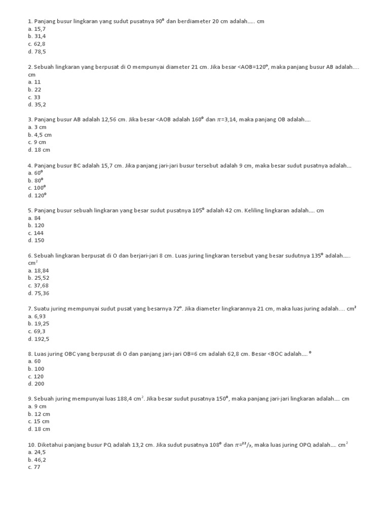 Soal Lingkaran (Busur, Juring, Tembereng) | PDF