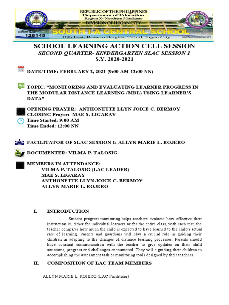 School Learning Action Cell Session: Second Quarter-Kindergarten Slac ...
