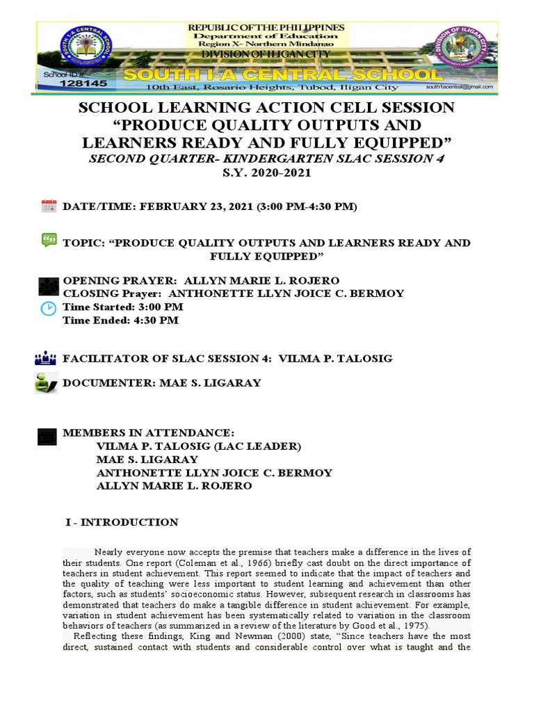 Kindergarten SLAC Session Focuses on Quality Teaching | PDF | Teachers | Learning