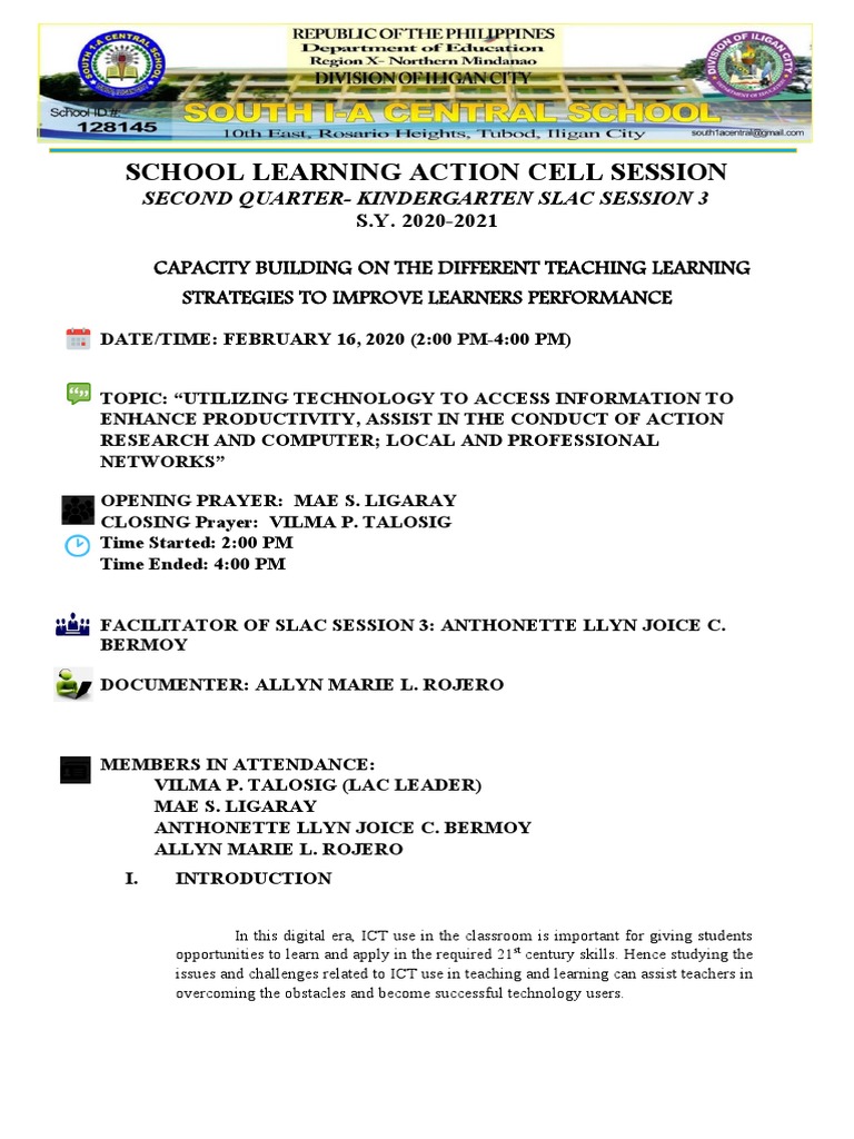 School Learning Action Cell Session: Second Quarter-Kindergarten Slac ...