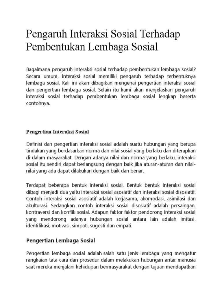 Pengaruh Interaksi Sosial Terhadap Pembentukan Lembaga Sosial | PDF