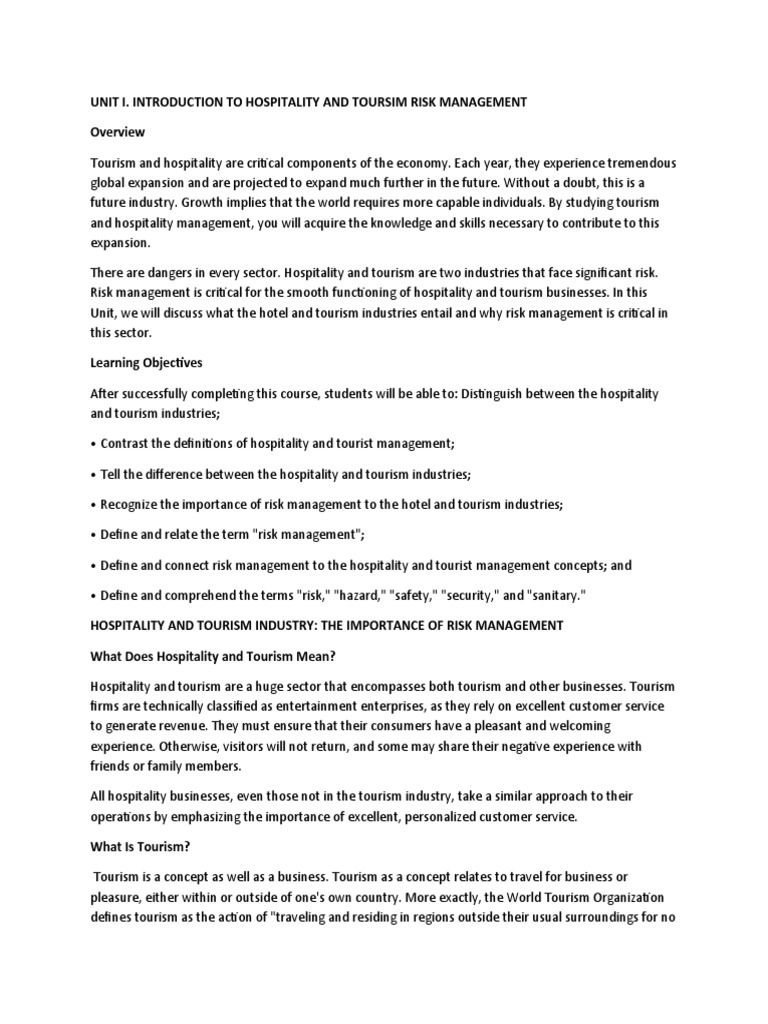Unit I. Introduction To Hospitality and Toursim Risk Management | PDF ...