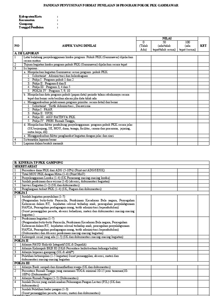 Panduan Penyusunan Format Penilaian 10 Program Pokok PKK Gammawar | PDF