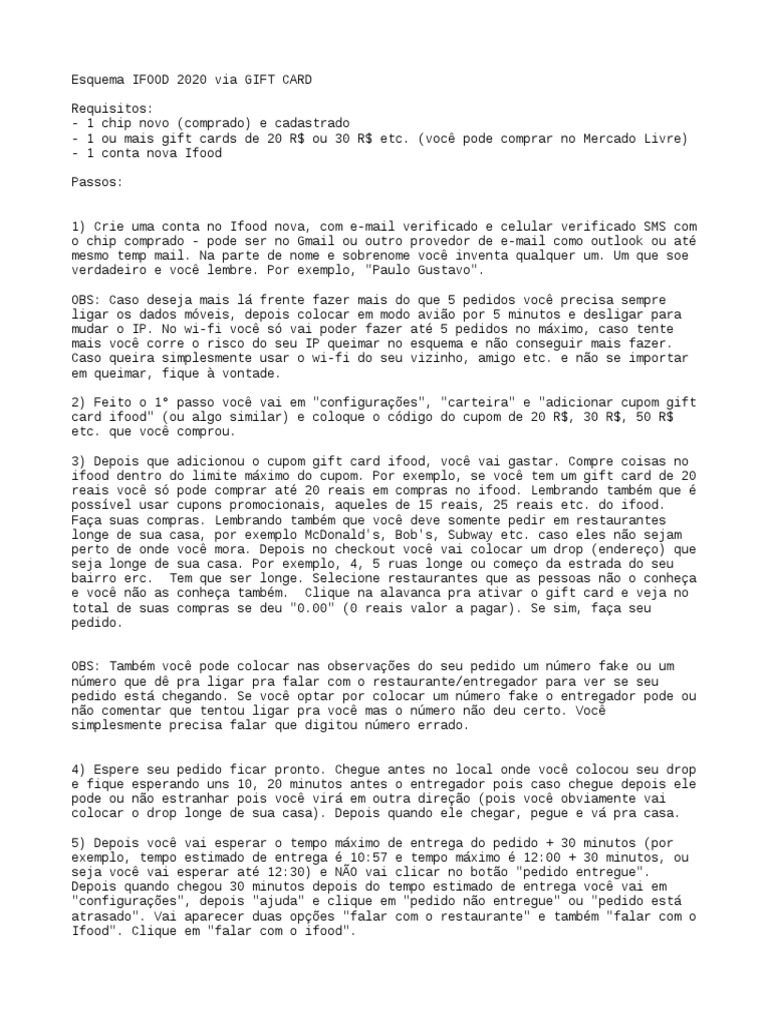Esquema Ifood Via Gift Card 2020 | PDF