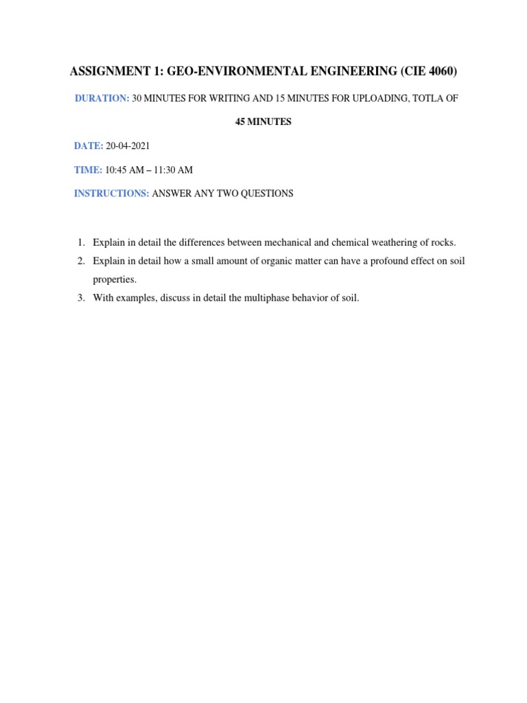 Assignment 1: Geo-Environmental Engineering (Cie 4060) : Duration | PDF