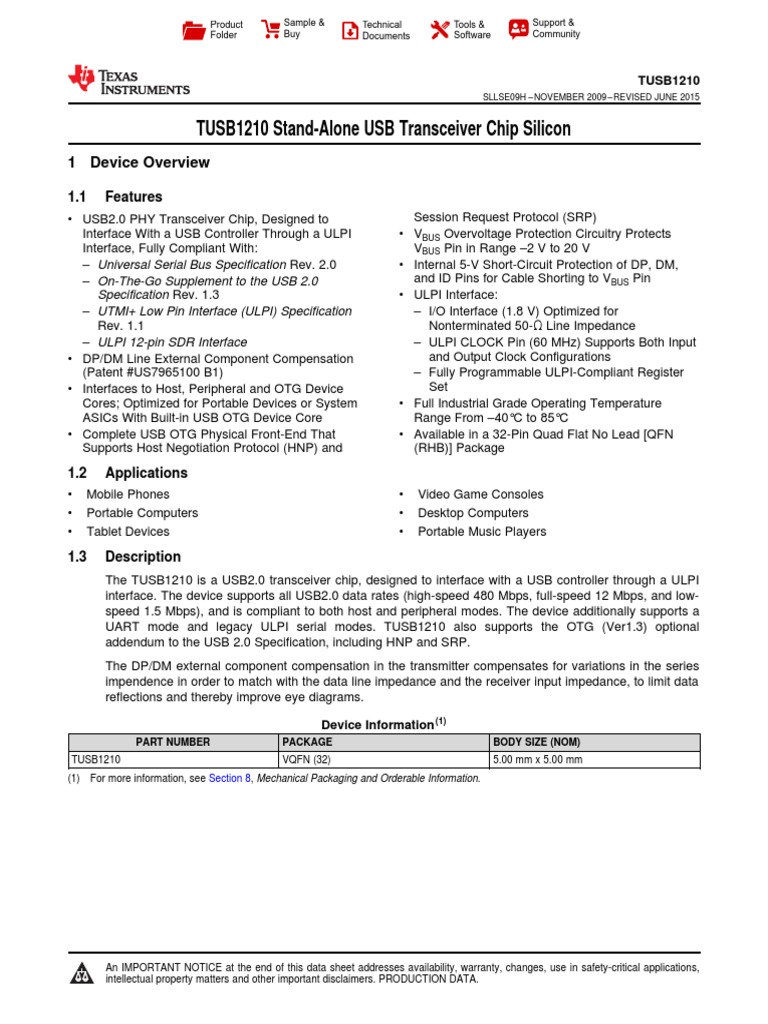 TUSB1210 Stand-Alone USB Transceiver Chip Silicon: 1 Device Overview | PDF | Electrostatic ...