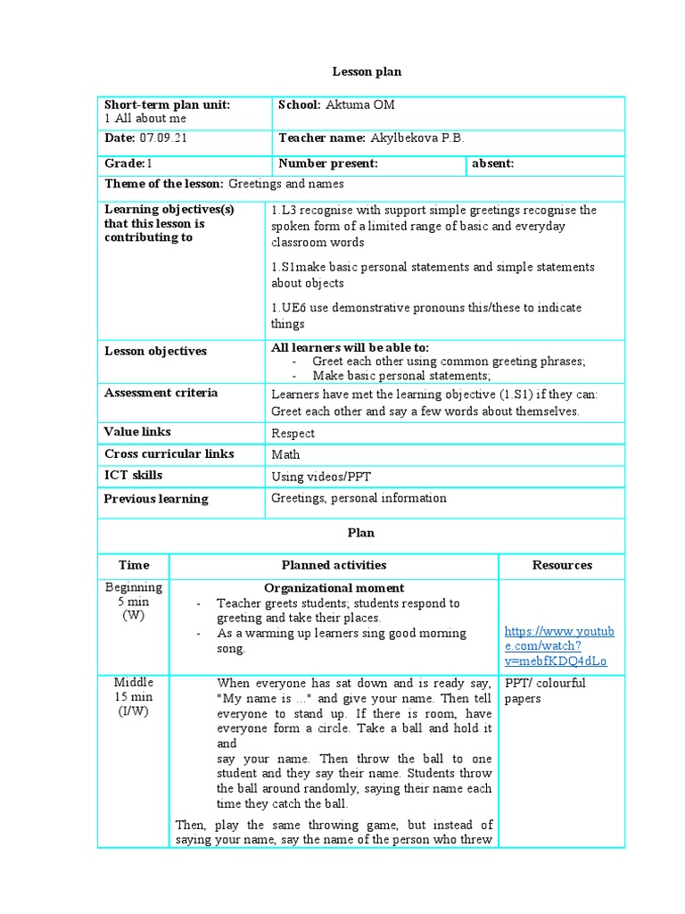 Lesson Plans Grade 1 | PDF | Educational Technology | Learning