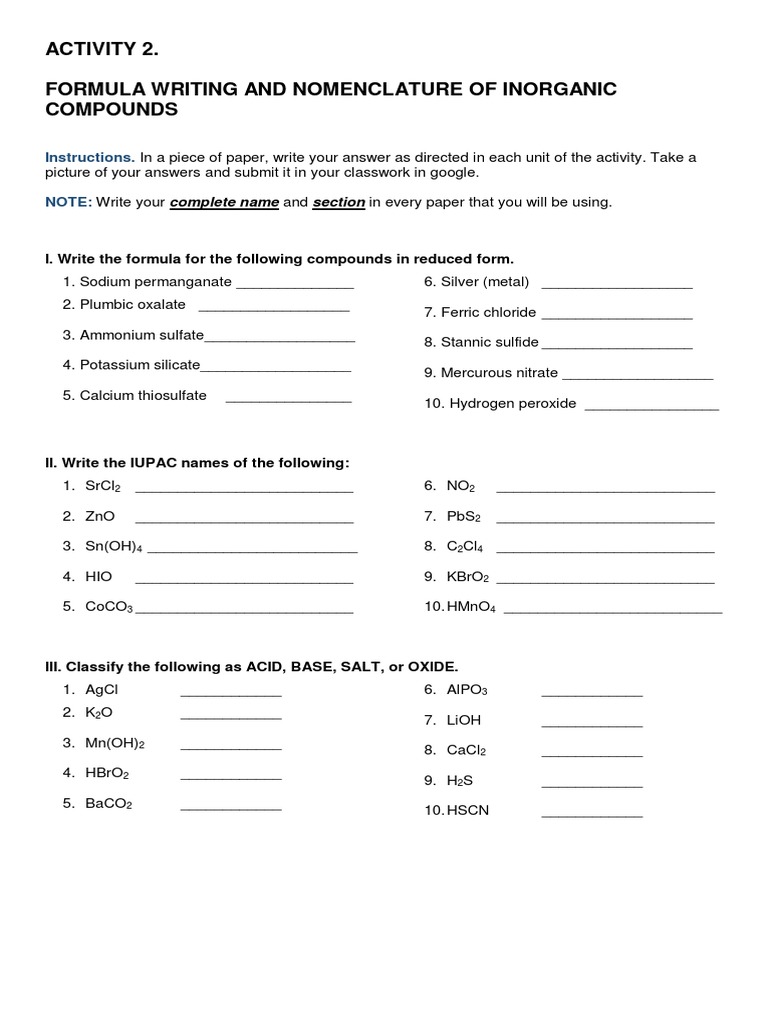 Activity 2 - Formula Writing and Nomenclature of Inorganic Compounds ...