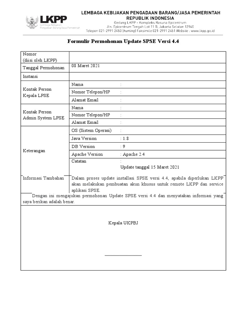 Permohonan Update SPSE Versi 4.4 | PDF