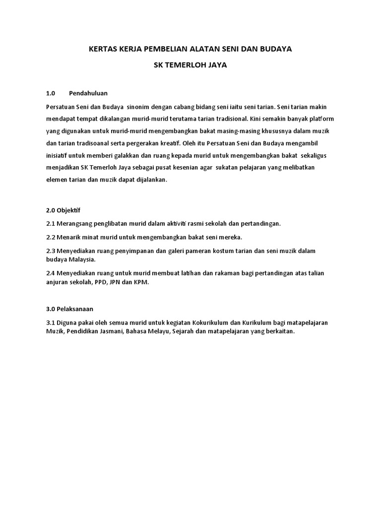 Kertas Kerja Pembelian Alatan Seni Dan Budaya | PDF