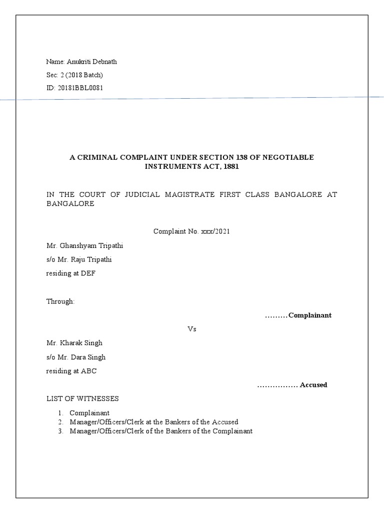 Criminal Complaint Under Section 138 of Negotiable Instruments Act | PDF | Cheque | Negotiable ...