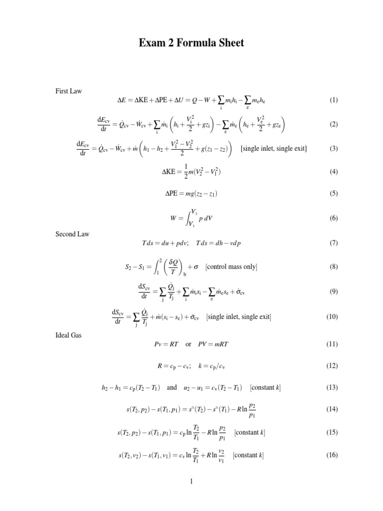 Exam 2 Formula - Sheet | PDF | Gases | Transparent Materials