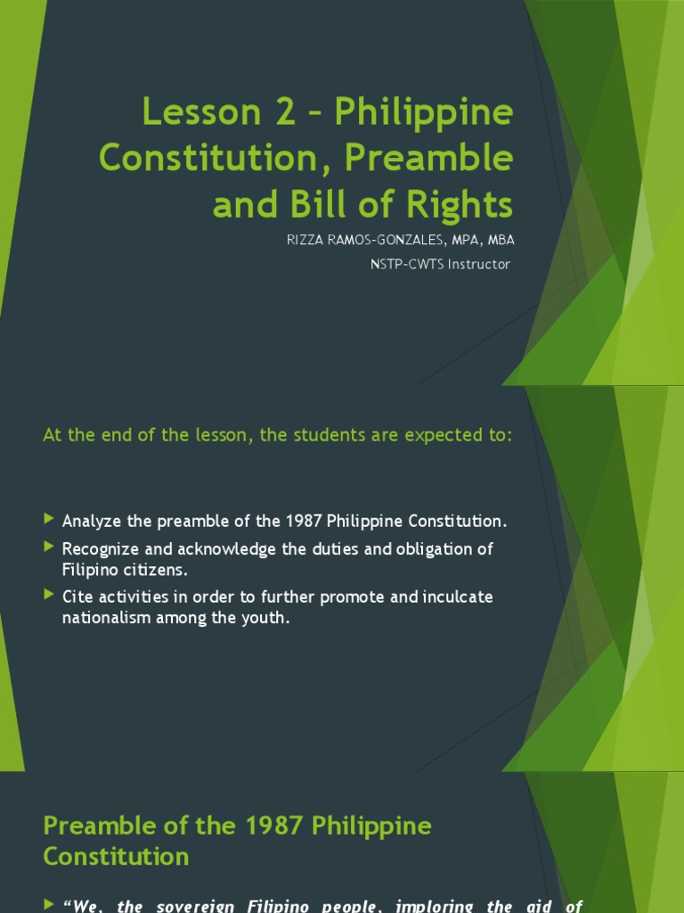 Lesson 2 Philippine Constitution Preamble and Bill of Rights | PDF ...