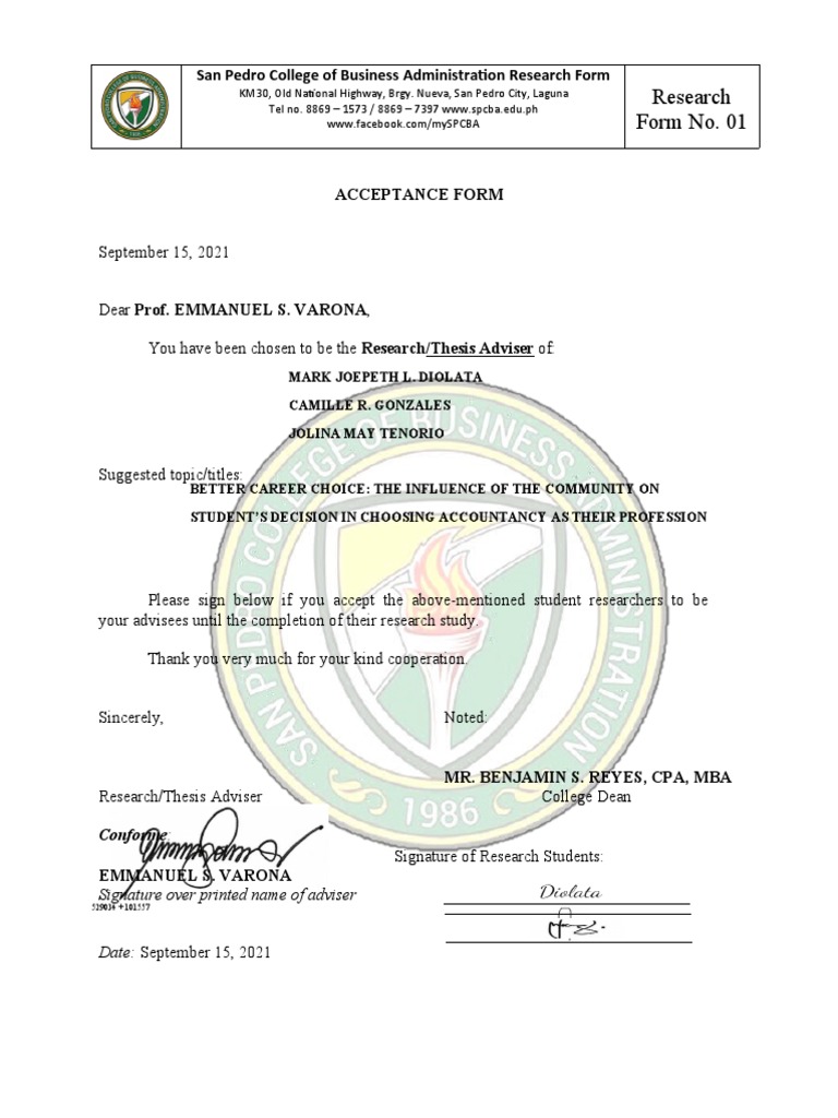 Research Adviser Acceptance Form | PDF