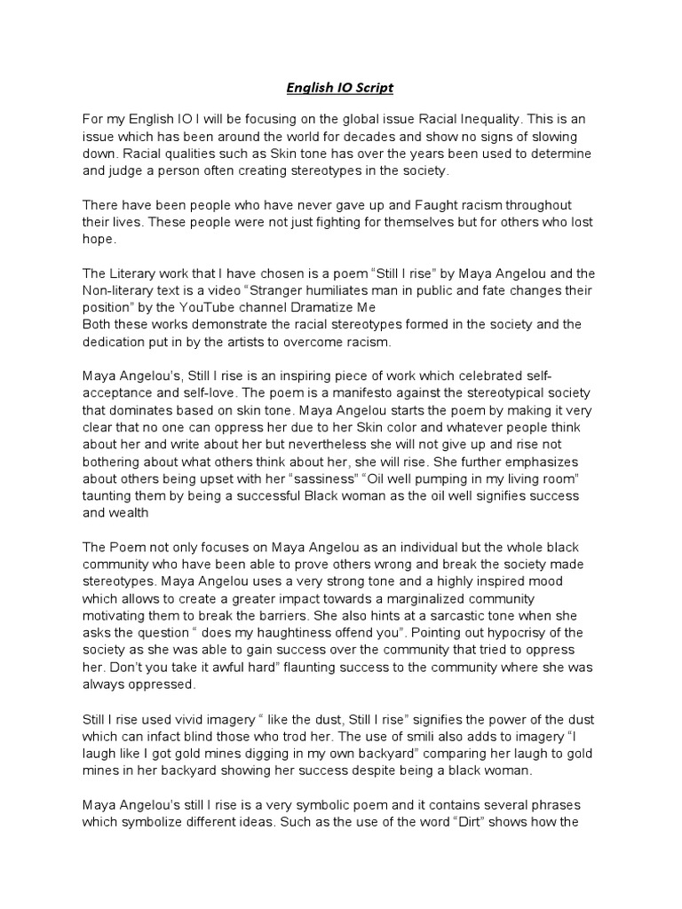 English IO Script | PDF | Racism | Discrimination & Race Relations