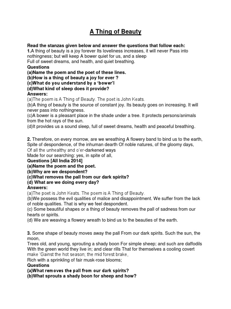 A Thing of Beauty - Questions and Answers | PDF