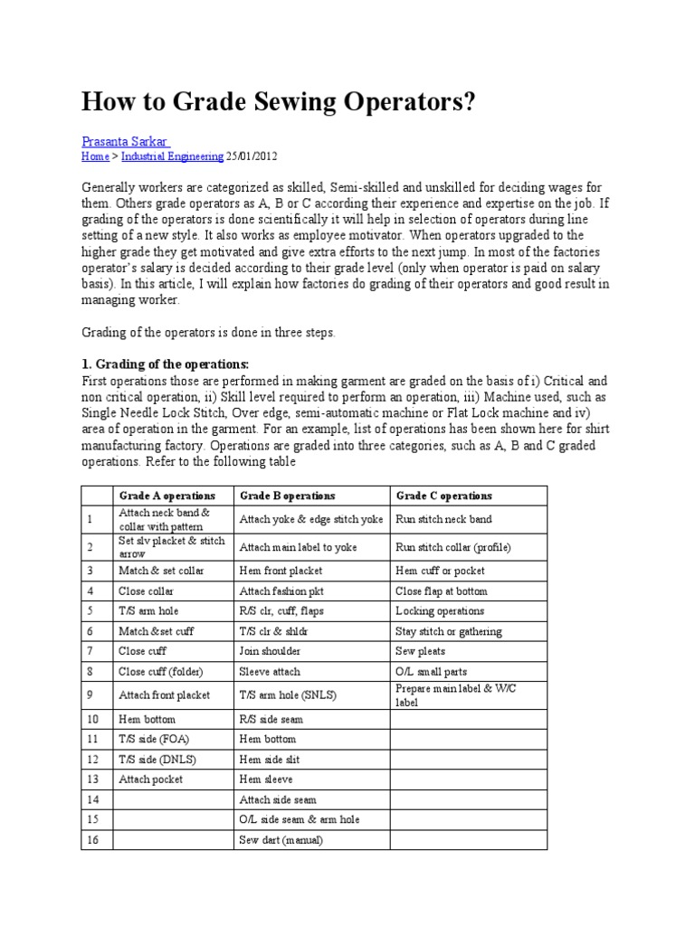 How To Grade Sewing Operators | PDF | Seam (Sewing) | Sewing