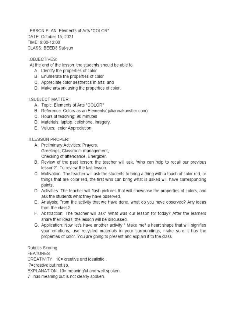 Lesson Plan on Color in Art | PDF | Lesson Plan | Teachers
