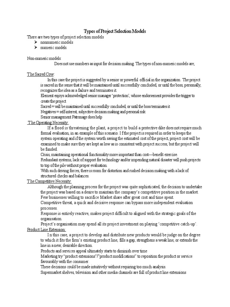 Types of Project Selection Models | PDF | Capital Budgeting | Net ...