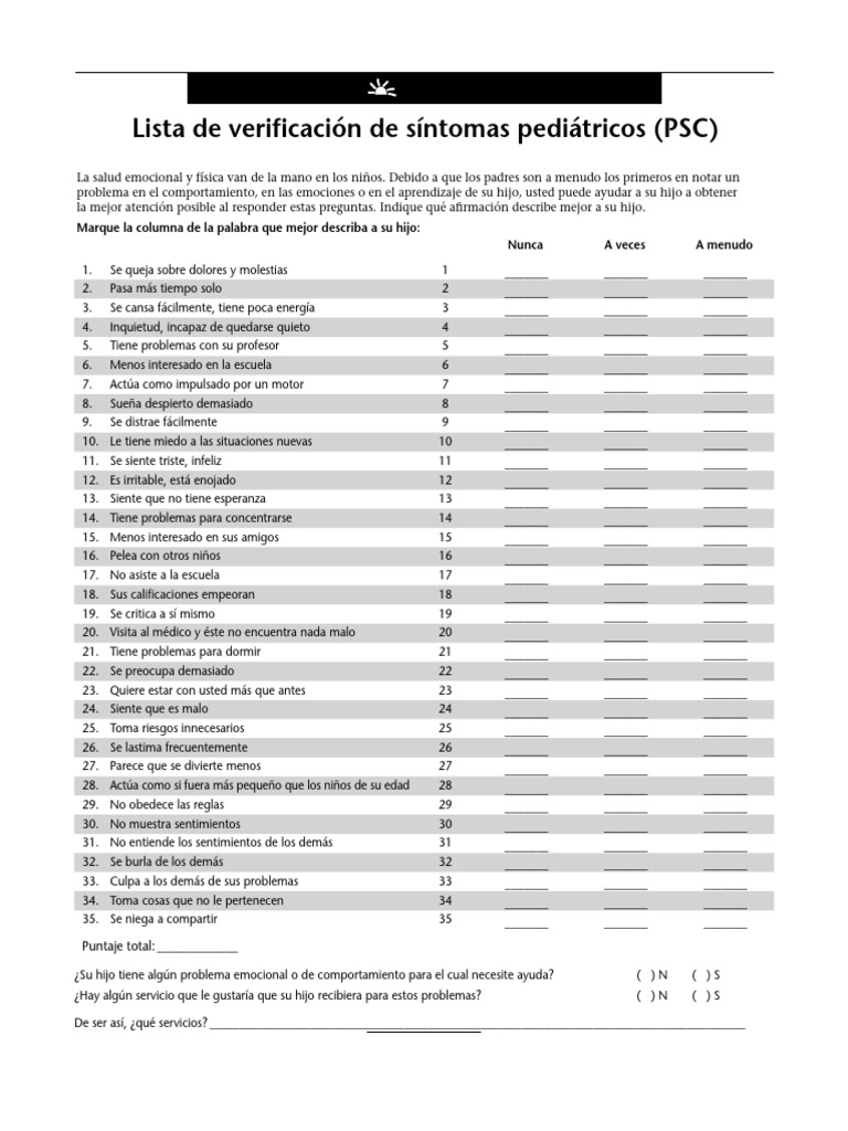 Lista de Verificación de Síntomas Pediátricos (PSC) | PDF | Ciencias ...